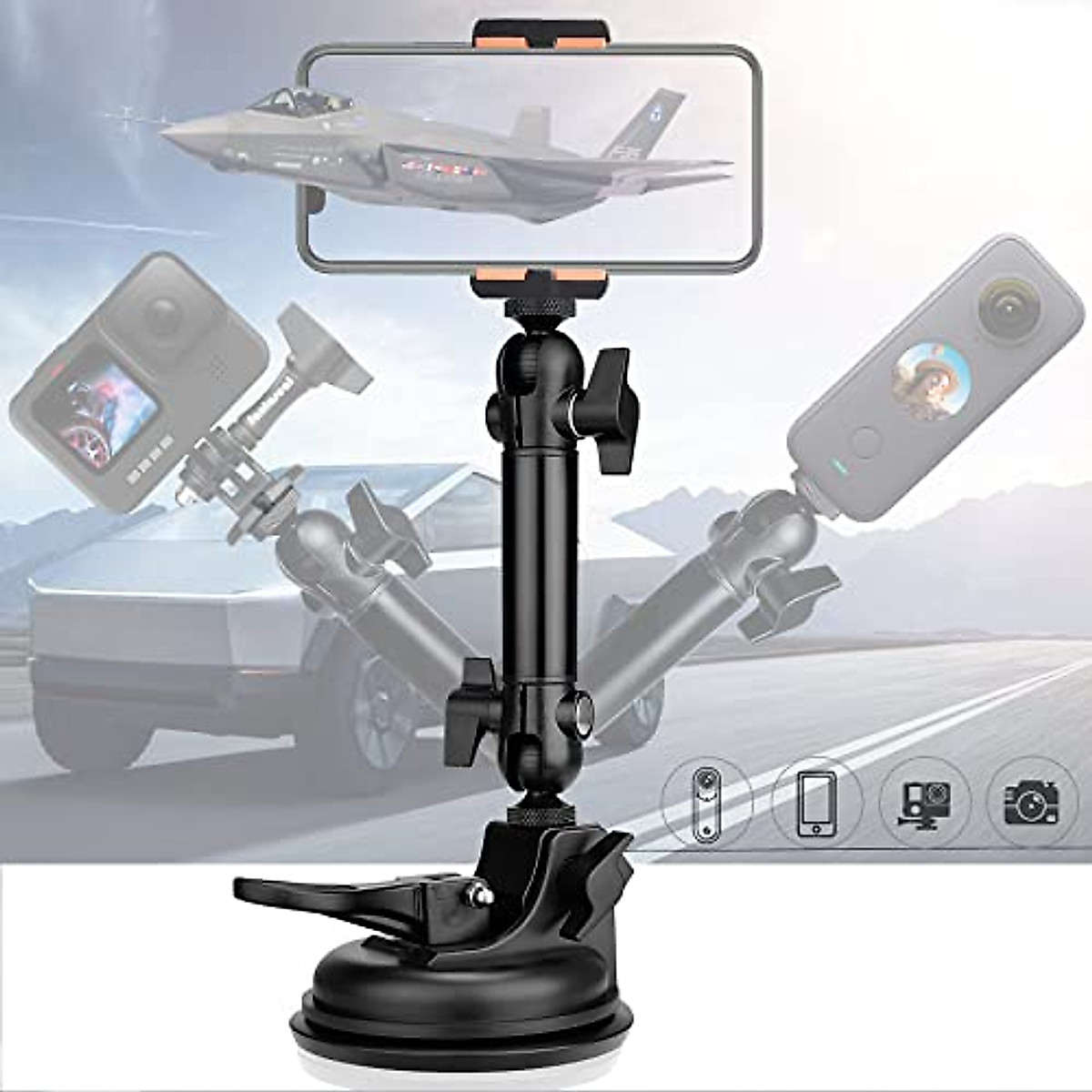 Heavy Duty Super Φ100mm Suction Cup + Adjustable Dual-Ball-Head Action Camera Dash Cam Phone Car Mount Windscreen Window Cockpit Holder for GoPro insta360 iPhone Hi-Speed Video Recording (1.5kg Load)