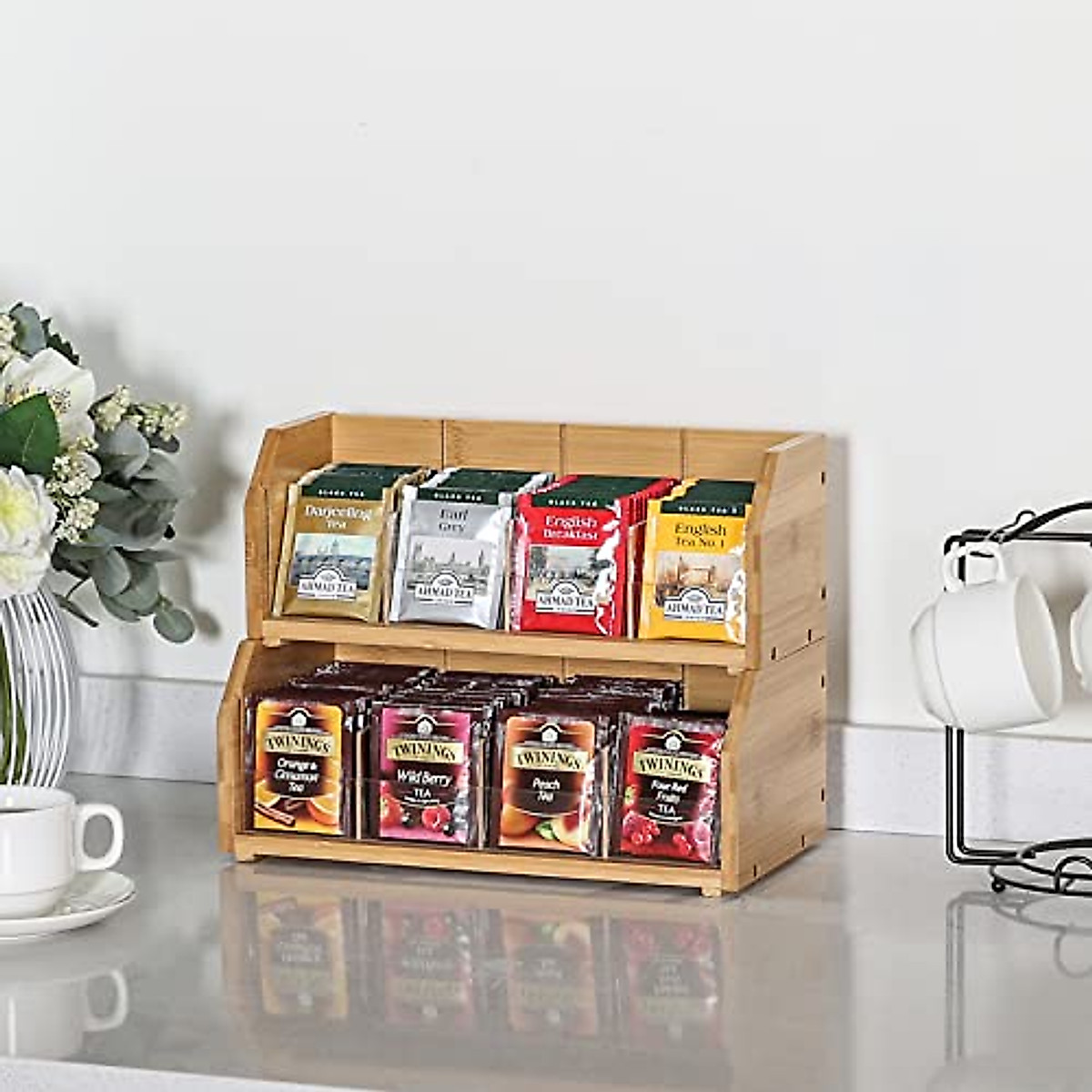 2 Tier Bamboo Tea Bag Organizer, Tea Holder for Tea Bags Organizer Wood Tea Bags Storage Box with Divider Stackable Vertical Teabag Rack Containers for Kitchen Cabinet Countertop(Patented Design)