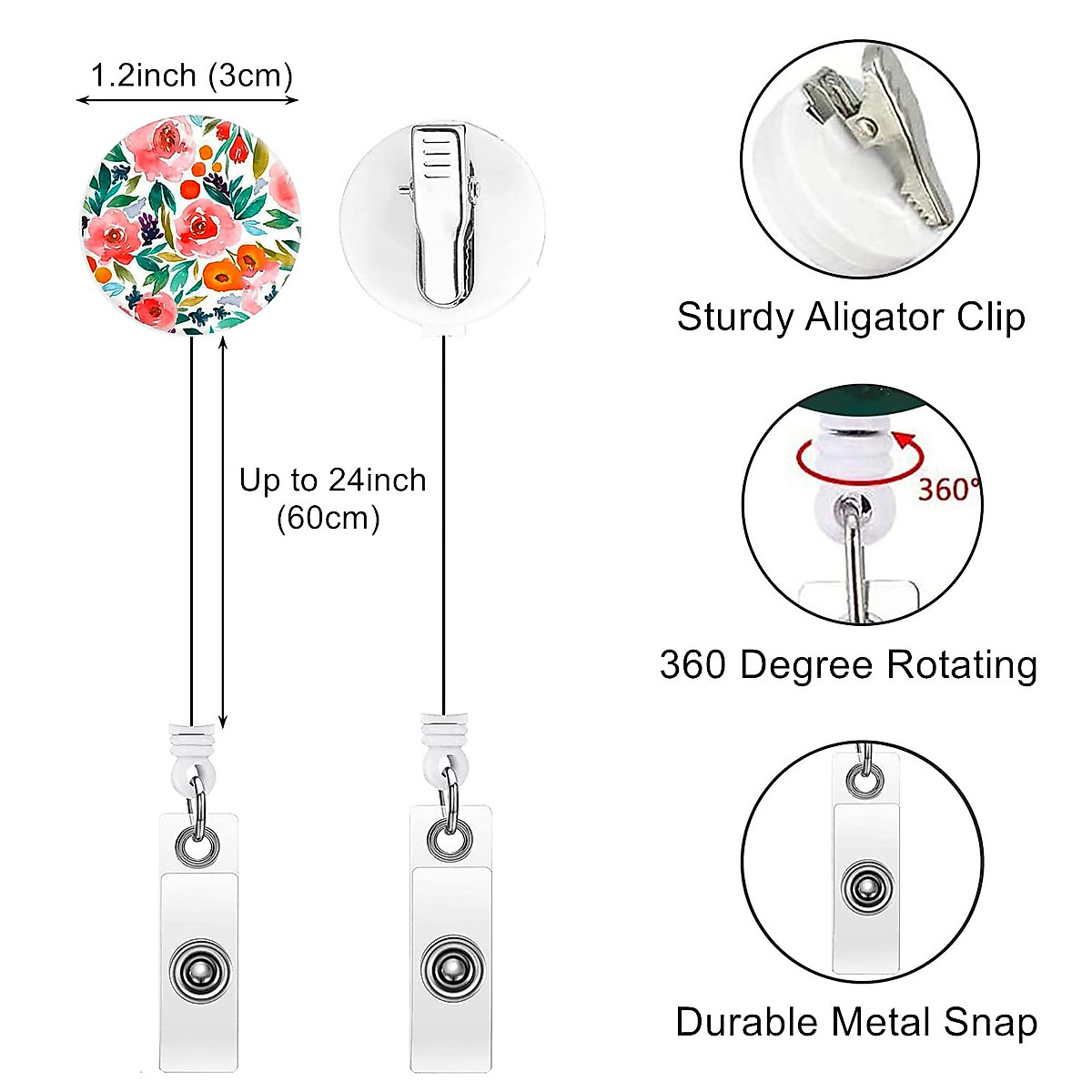 Badge Reel, Retractable Nurse Badge Holder with Alligator Clip ID Name Card Badge Clip for Office Student Doctor Nurse (3pack Pink Flower)