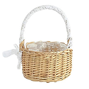 DOITOOL Wicker Rattan Flower Basket with Handle and Lace Bow, Wedding Flower Girl Baskets, Petal Basket Decorative Picnic Basket Woven Candy Storage Basket for Home Garden Decor, 7.5X5.9X5.9