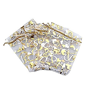 QIANHAILIZZ 100 pcs 3.5 x 4.7 Inch Flower Heart Organza Jewelry Gift Pouch Candy Pouch Drawstring Wedding Favor Bags (A white with gold heart)