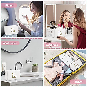 Personalized Initial Preppy Travel Makeup Bag Organizer, Small White Cute Cosmetic Bag Toiletry Zipper Pouch for Women, Portable Waterproof PU Makeup Case Birthday Gift for Female Women(Letter L)