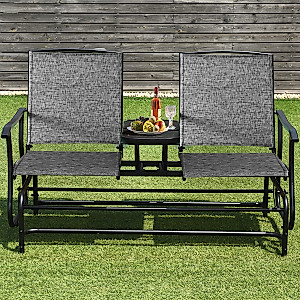ReunionG 2-Person Outdoor Glider Chair, Patio Bench Loveseat w/Tempered Glass Center Table & Sturdy Metal Frame, Porch Swing Rocking Chair for Outside, Balcony, Garden, Grey