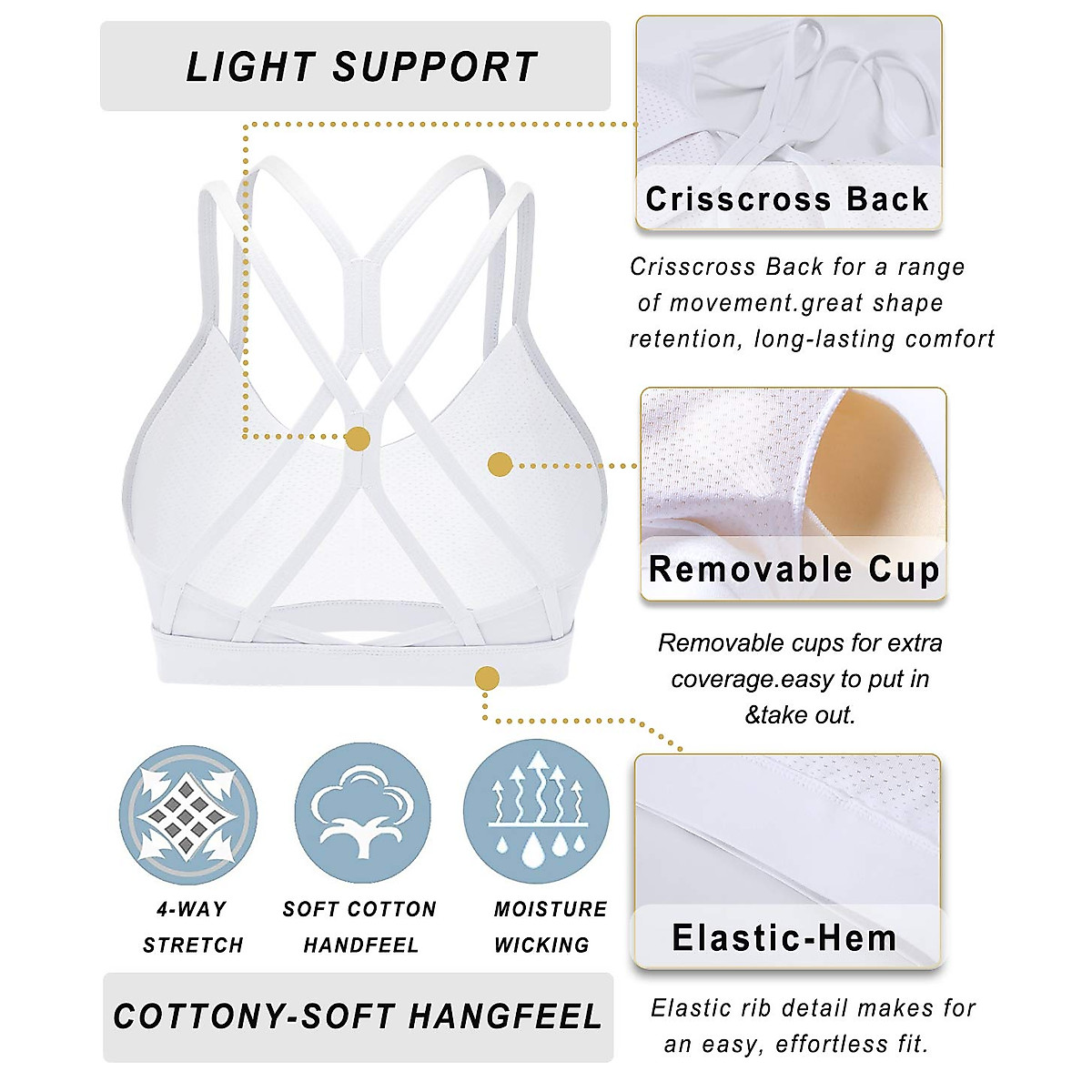 RUNNING GIRL Strappy Sports Bra for Women Sexy Crisscross Back Light Support Yoga Bra with Removable Cups White