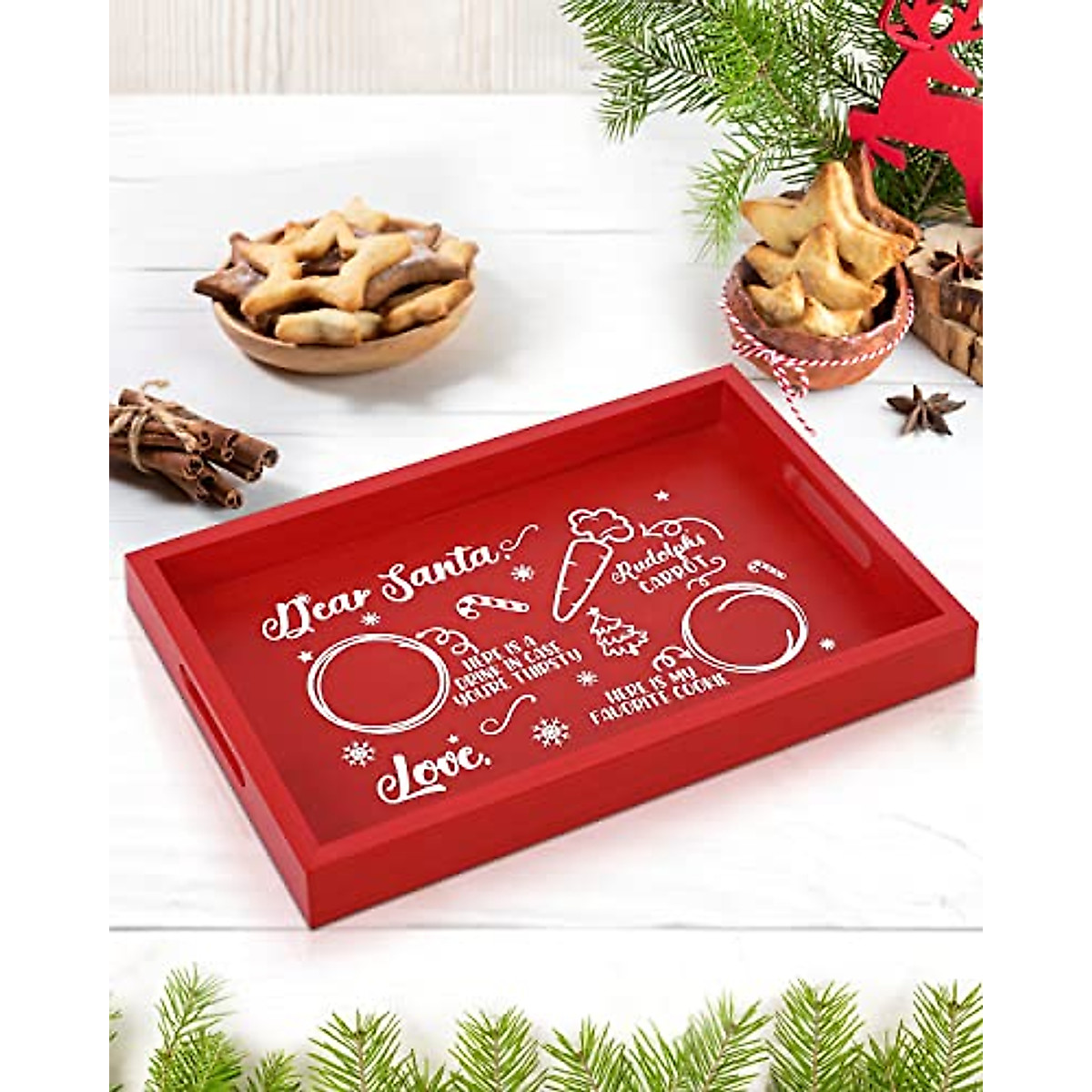 Cookies for Santa Tray Christmas Wooden Serving Tray with Handles 14’’ x 9’’ Decorative Treat Tray for Christmas Eve Xmas Holiday Home Decorations