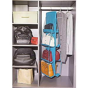 Amelitory Hanging Handbags Holder for Closet 4 Shelf Purse Bags Storage 8 Compartment Dust-Proof Organizer Lake Blue