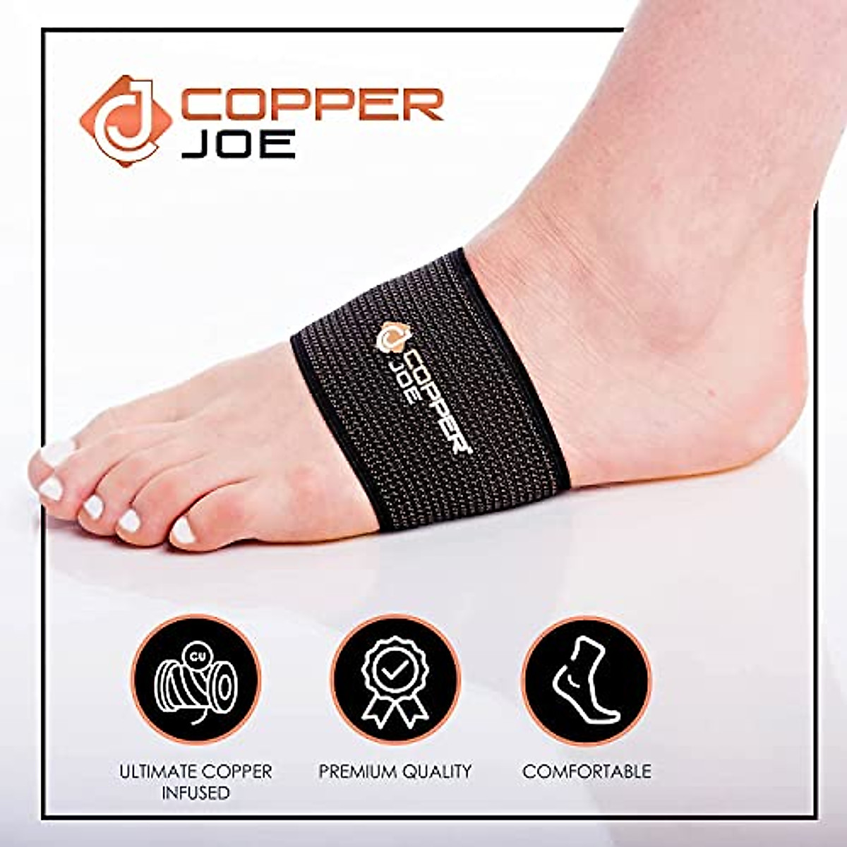 Copper Joe 4 Pack Foot Arch Support Compression Sleeves - Plantar Fasciitis Relief, Foot Support for Pain and Plantar Fasciitis Brace - Copper Arch Support and Plantar Fasciitis Foot Support