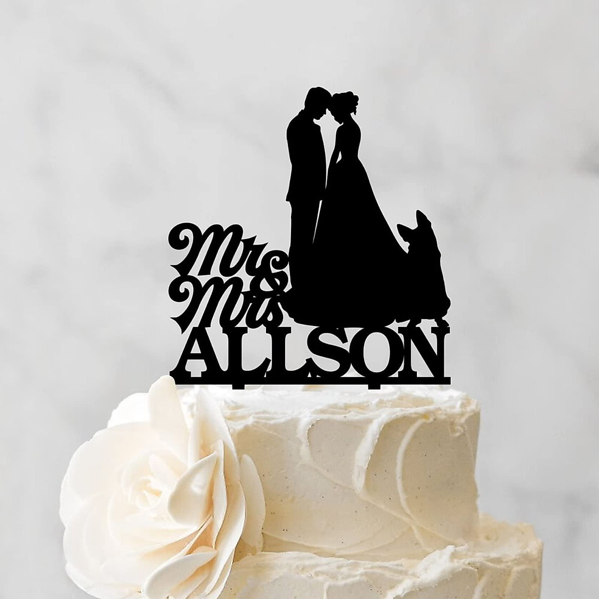 BYRON HOYLE Mr & Mrs Personalised Wedding Cake Topper Bride And Groom Toppers Silhouette Rustic With German Shepherd Dog Black Acrylic Custom (wczmx2fecozc)