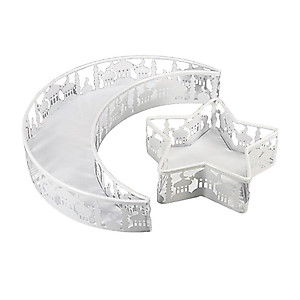 Ramadan Iron Tray Moon Star Shaped Eid Mubarak Dessert Tray for Wedding Party Festival Table Decor (White)