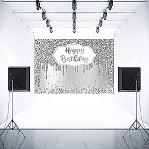Aperturee 7x5ft Silver Happy Birthday Backdrop Glitter Diamonds Girls Sweet 16 18th 21st 30th 40th 50th Women Photography Background Banner Supplies Photo Booth Studio Props Party Decoration