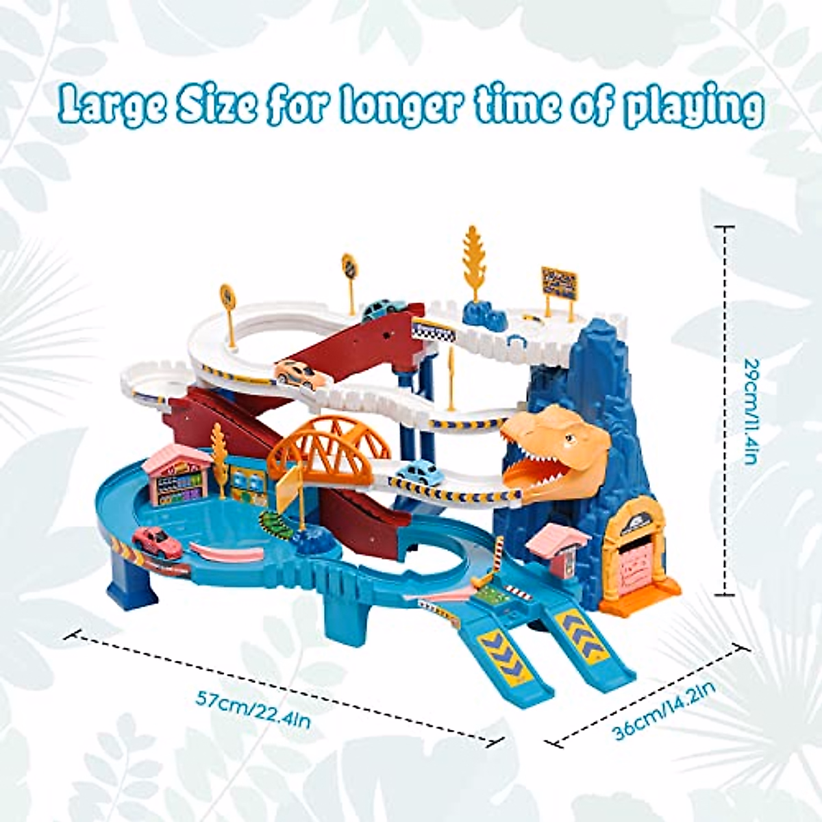 Race Track Toys for Kids Car Adventure Toy Dinosaur Climbing Hills Railcar with 4 Cars Colorful Vehicles Construction Play Set