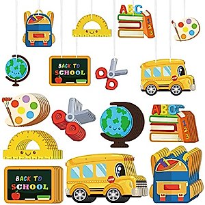 48 Pieces Back to School Cutouts Classroom Hanging Decorations Back to School Party Ornaments Bulletin Board Decor with Ropes and Glue Points for Kindergarten Preschool Primary High School