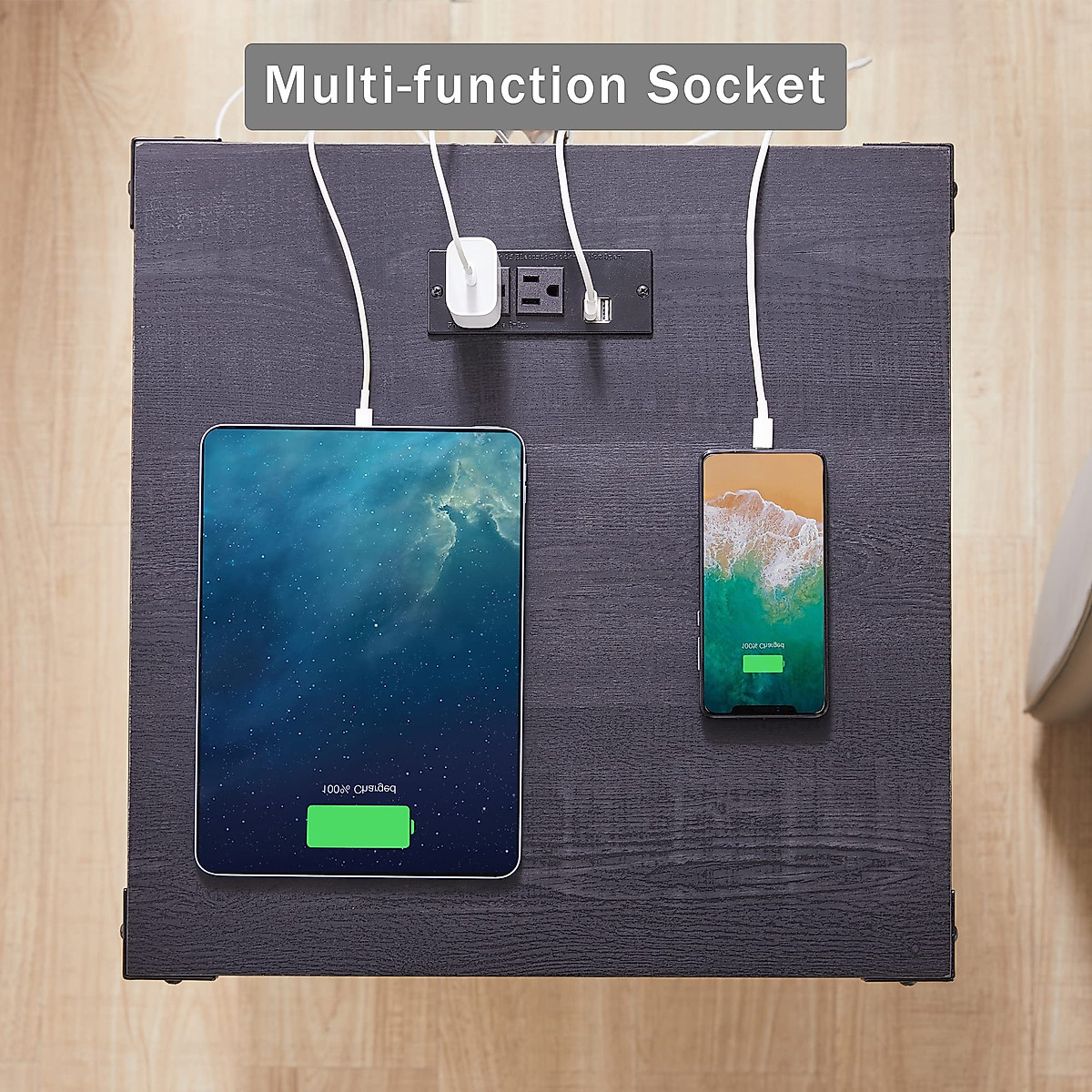 JXQTLINGMU Farmhouse End Table with Charging Station, 18'' Rustic Nightstand with Barn Door & Adjustable Shelf, Wooden Sofa Side Table with 3-Tier Storage for Living Room, Bedroom, Black