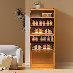 Magshion Bamboo Entryway Shoe Storage Cabinet with Pull-Down Door, 7-Tier Freestanding Shoe Cabinet Organizer for Hallway Entryway, for Convenient Shoe Organization (Brown)