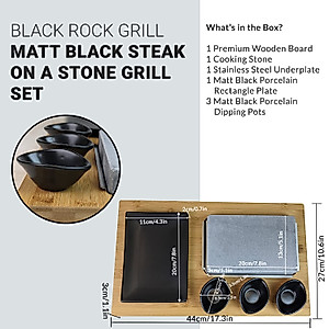 Black Rock Grill Steak Stone, Hot Stone Grill - Sizzling Hot Rock, Indoor Grill, Cooking Stone with Matt Black Ramekins and Side Plate (One Standard Set)