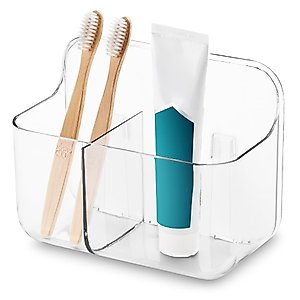 Lunmore Plastic Wall Mount Organizer, Clear Adhesive Shower Storage Box Organizer No Drilling Hang Walls/Doors for Kitchen, Bathroom, Bedroom, Cabinet, Office, Craft Room (Small Size with Divider)