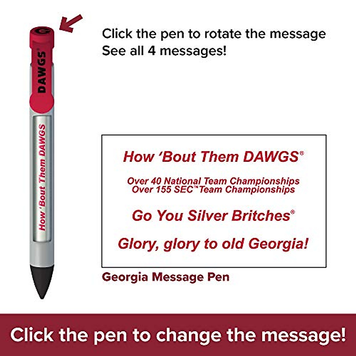 Greeting Pen University of Georgia Bulldogs Rotating Message Pens - 4 Pack (8004) Officially Licensed Collegiate Product