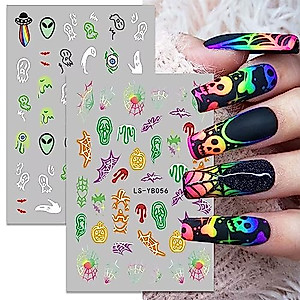 JMEOWIO 9 Sheets Halloween Glow in The Dark Nail Art Stickers Decals Self-Adhesive Pegatinas Uñas Lumious Skull Ghost Spider Web Bat Pumpkin Nail Supplies Nail Art Design Decoration Accessories