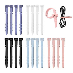 20 Pcs Silicone Zip Ties, Reusable Wire Ties 4.5'' Rubber Cable Ties Straps for Wire Management Home Office Table Organizer, Elastic Cord Ties in White, Black, Pink, Purple, and Blue