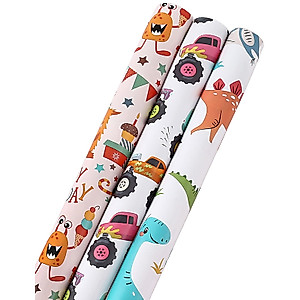 CAMKUZON Birthday Wrapping Paper Rolls for Kids Boys Girls Baby Shower Holiday - Cartoon Dinosaur, Monster Truck and Happy Party Designs Gift Wrap - Pack of 3, 17.7 Inch X 10 Feet Per Roll