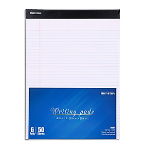 Mintra Office Legal Pads - ((BASIC WHITE 6pk, 8.5in x 11in, NARROW RULED)) - 50 Sheets per Notepad, Micro perforated Writing Pad, Notebook Paper for School, College, Office, Business