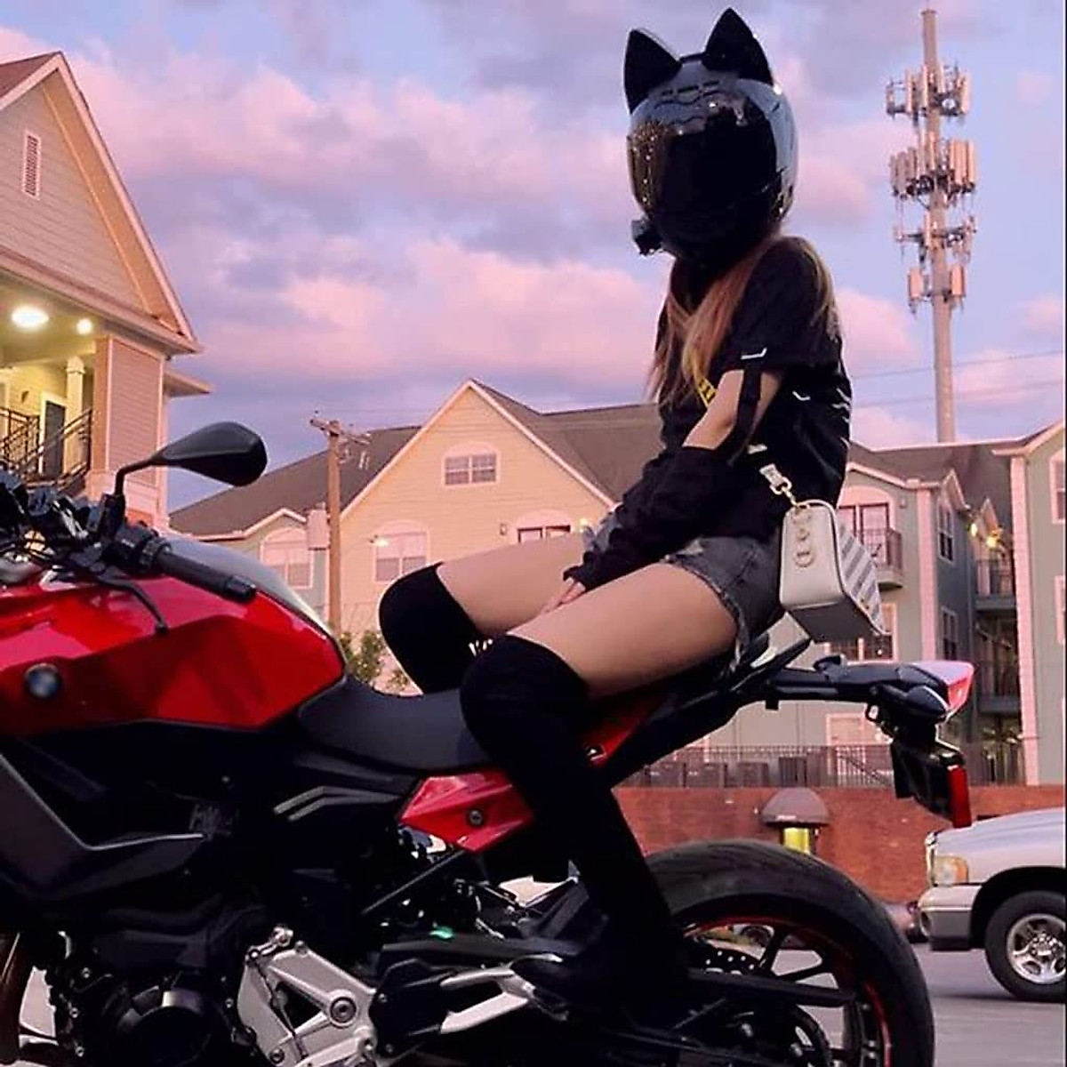 Modular Bluetooth Motocross Couple Helmet Personalized Cool Cat Ear Flip up Electric Motorcycle Full Face Helmets with Visor, DOT Certified Adult Men Women Racing Crash ATV Street Helmet -F-Large