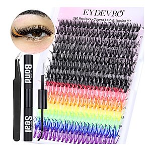 Lash Extension Kit Colored Lash Clusters DIY Eyelash Extension Kit 6 Colors Rainbow Individual Lashes with Bond and Seal and Lash Applicator Colorful Lash Extensions 8-16mm Mixed D Curl Cluster Lashes (Black+Colored) by EYDEVRO