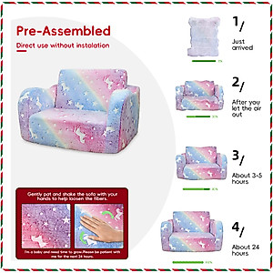 PLYFOU 2-in-1 Kids Sofa, Toddler Chair for 2 Seats,Convertible Children Couch to Lounger,Kids Chairs Comfy Toddler,Folding Kids Play Sofa for Girl or Boy(Glowing Rainbow)
