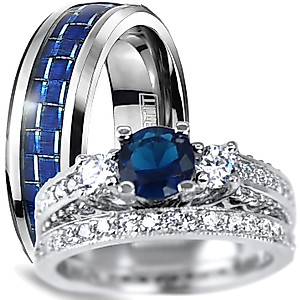 LaRaso & Co His Hers TRIO Wedding Set CZ Bridal Band Engagement Ring Set Him Her Thin Blue Line