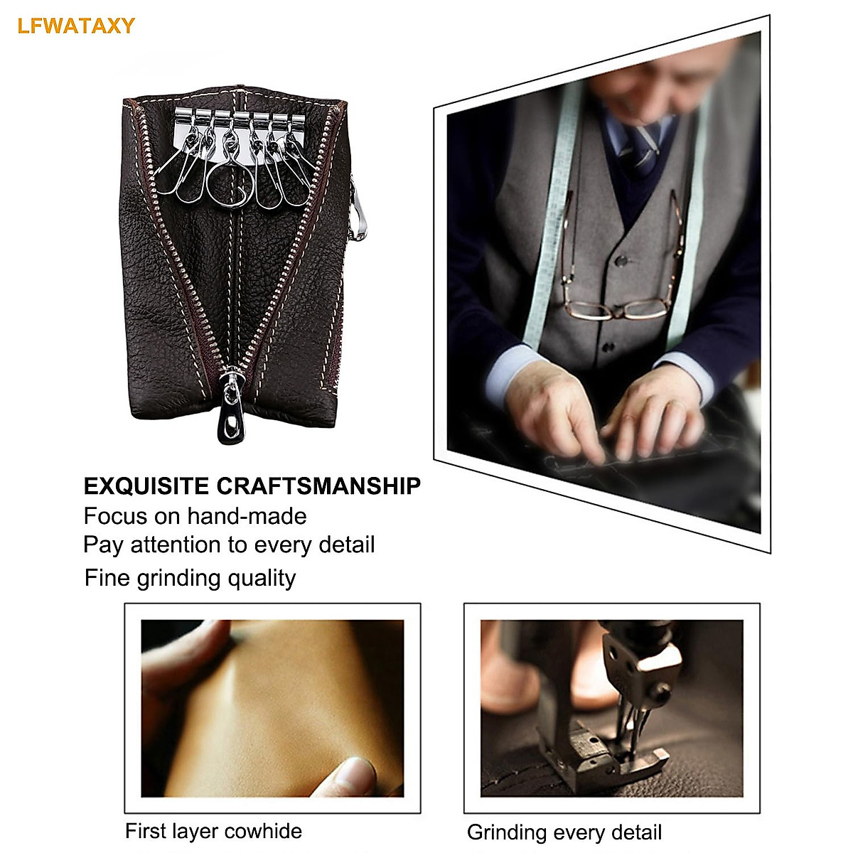 LFWATAXY Genuine Leather Key Holder Case - 6 Hooks with Coin Layer - Key Fob Cover - Ridge Key Holder - Leather Car Keychain