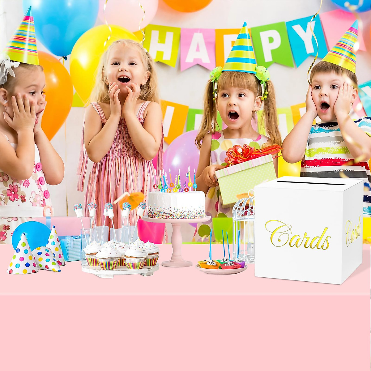 White Card Box for Party, 8.7" Cards Gold Foil Design Gift Cards Receiving Box Holder for Wedding, Bridal Shower, Graduation, Birthday, Retirement, Baby Shower, Anniversaries Party Decorations