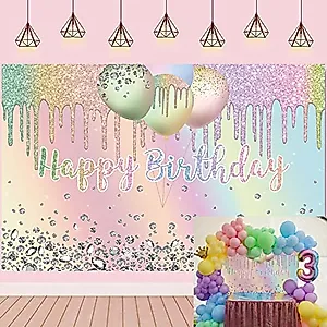 Rainbow Backdrop for Happy Birthday Glitter Diamond Colorful Balloons Sequins Birthday Photography Background Children Women Girl Sweet 16th Birthday Cake Table Decoration Props (7x5FT)