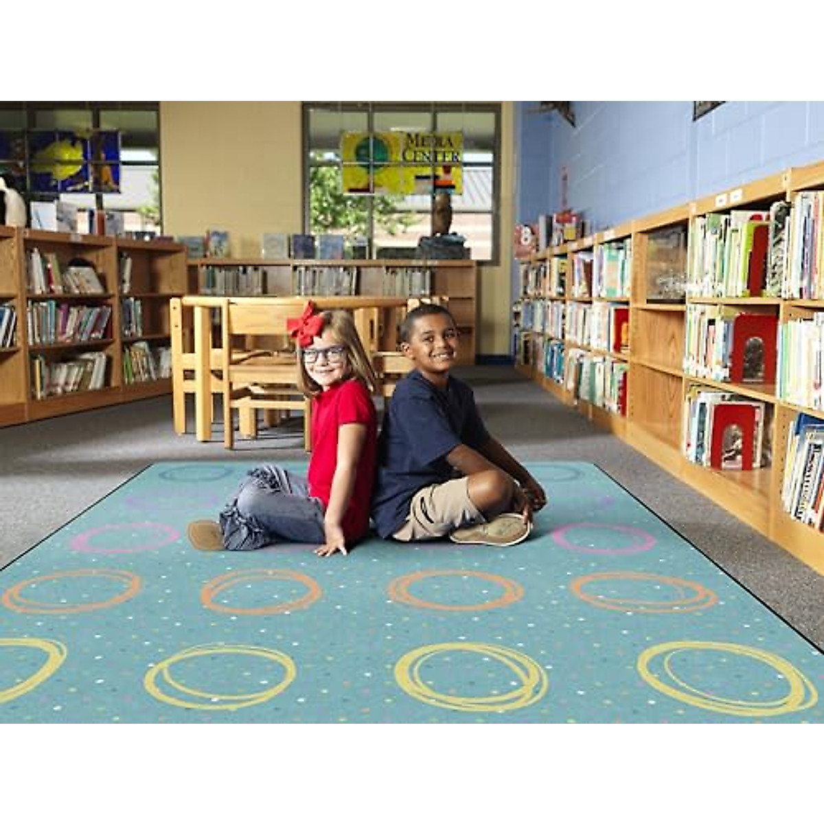 Flagship Carpets Smiley Circle Sampler Abstract Educational Area Rug for Kids Room Seating Décor, Children's Classroom, Play Carpet for Teaching and Playroom, Seats 24, 7'6"x12', Blue & Multi