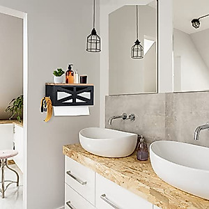 Solid Wood Paper Towel Dispenser Wall Mounted, Paper Towel Holder Wall Mount with Lid, Commercial C-Fold, Z-Fold, Trifold Hand Paper Towel Holder Dispenser, Napkin Holder with Metal Hooks for Kitchen