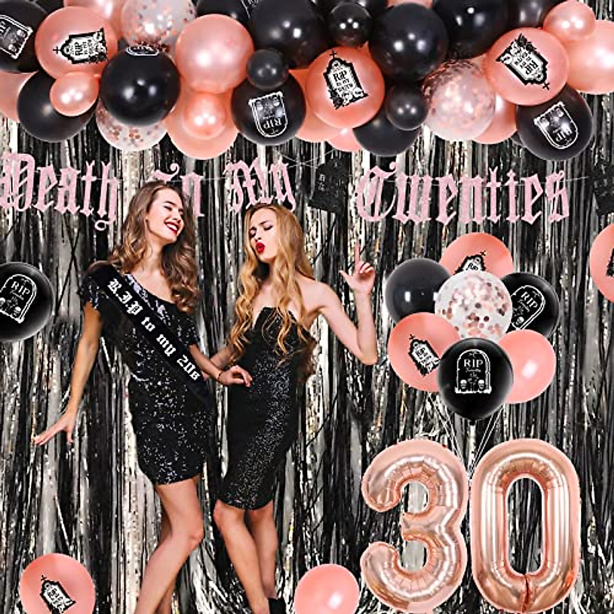 kreat4joy Rip Twenties 30th Birthday Party Decorations for Women, Black and Rose Gold Balloon Garland Death to My Twenties Banner Rip to My 20s Sash Number 30 Foil Balloons for 30th Birthday Party