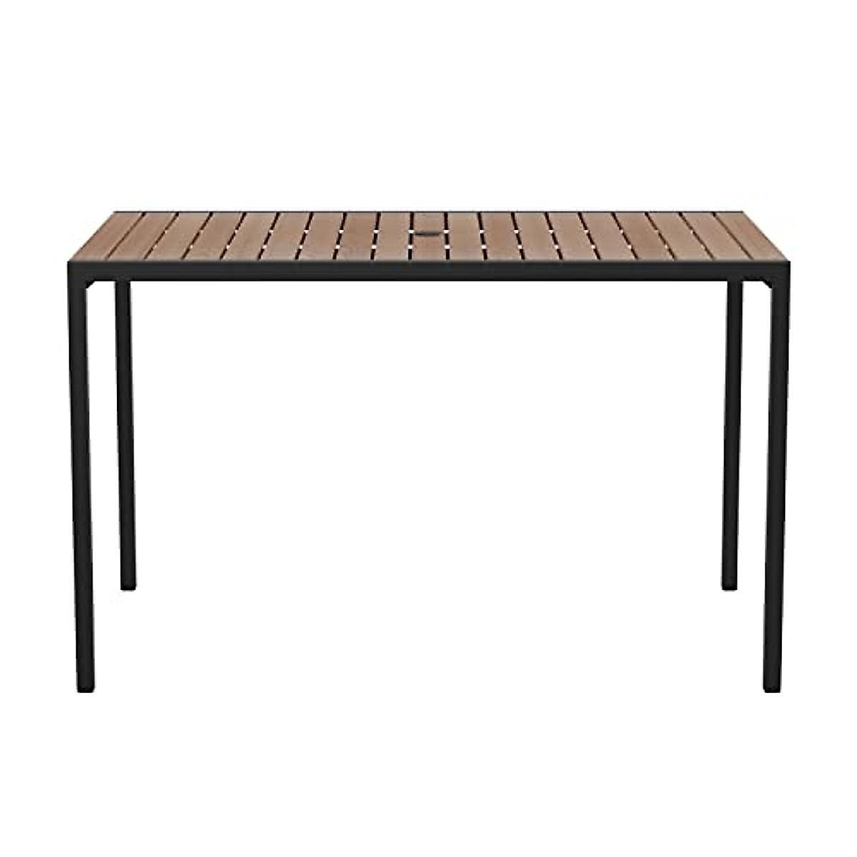 Flash Furniture Lark Outdoor Steel Dining Table with Umbrella Hole - Faux Teak Poly Slatted Top - Commercial Grade Table-Black Frame-30x48 Table Seats up to 4 Adults