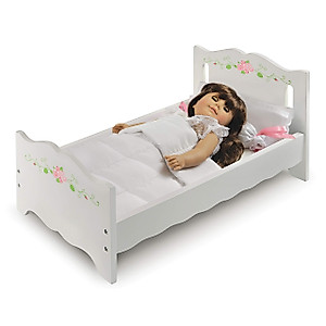 Badger Basket Toy Doll Bed with White Bedding and Personalization Kit for 20 inch Dolls - White Rose