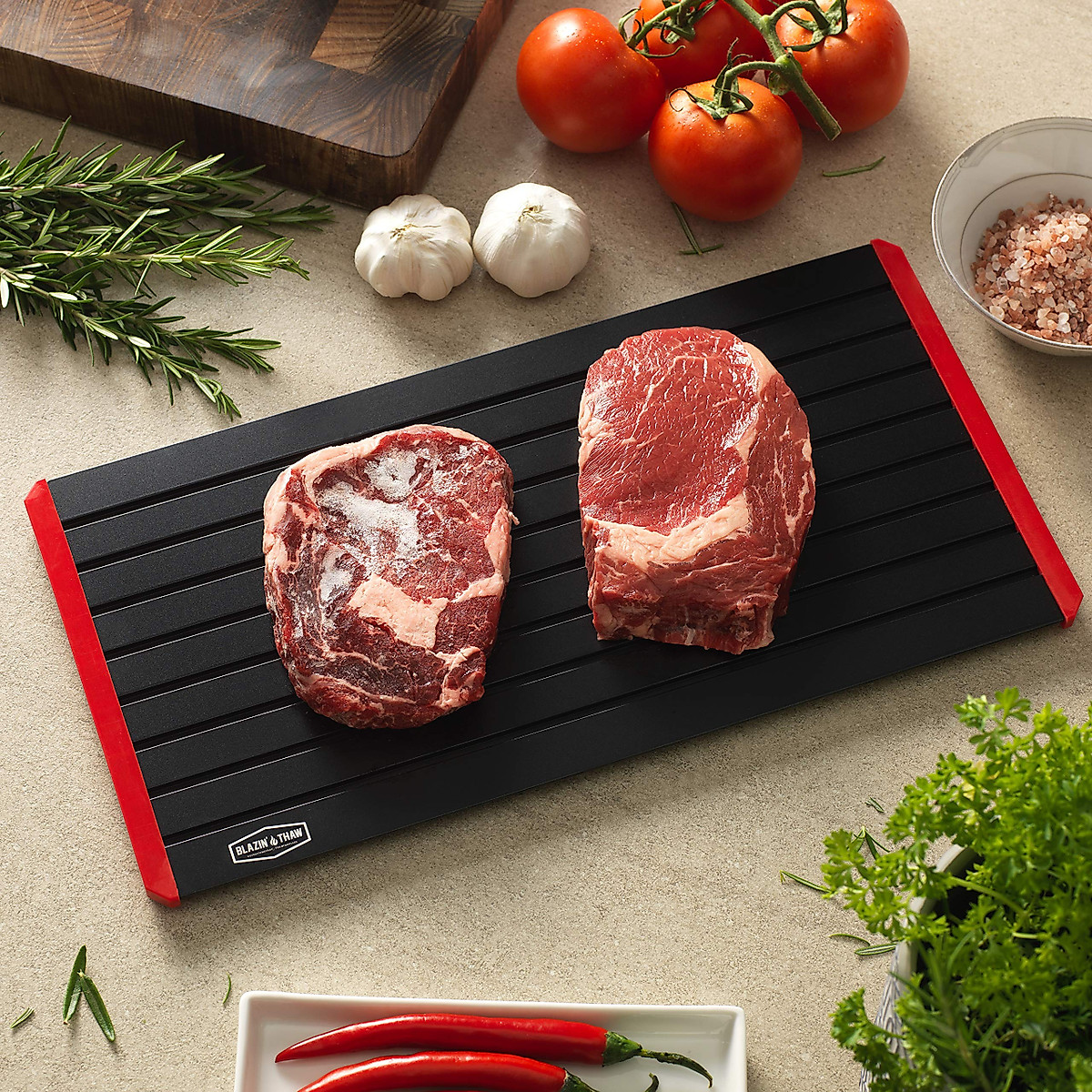 BLAZIN' THAW Defrosting Tray for Frozen Meat | 14” Large-Size | Aluminium Plate for Thawing Frozen Food | Natural Thawing Process | No Microwaves, No Cold/Warm Water Required |