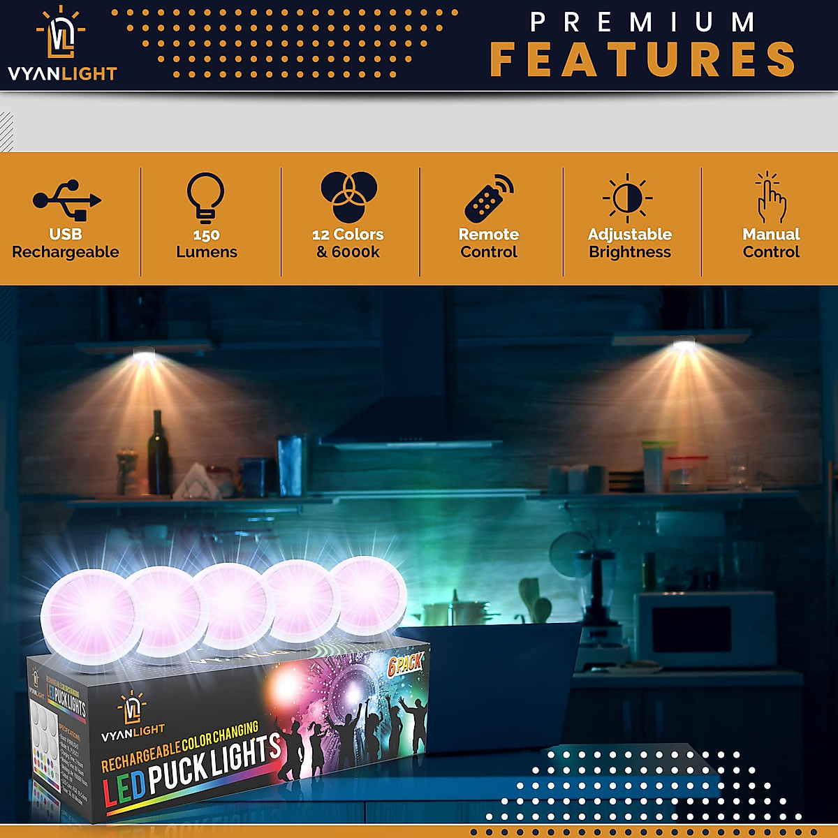 VYANLIGHT Rechargeable Puck Lights with 2 Remotes - 16 Color Changeable LED Puck Lighting - Battery Powered Dimmable Under Cabinet & Counter Lights (6 Pack)