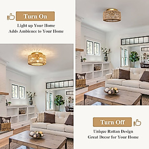 Rattan Light Fixtures Ceiling Mount, 3-Lights Boho Flush Mount Ceiling Light, Hand-Woven Cage Shade Lamp Lighting, Rustic Rattan Chandelier for Hallway Bedroom Kitchen Farmhouse Foyer Entryway (Gold)