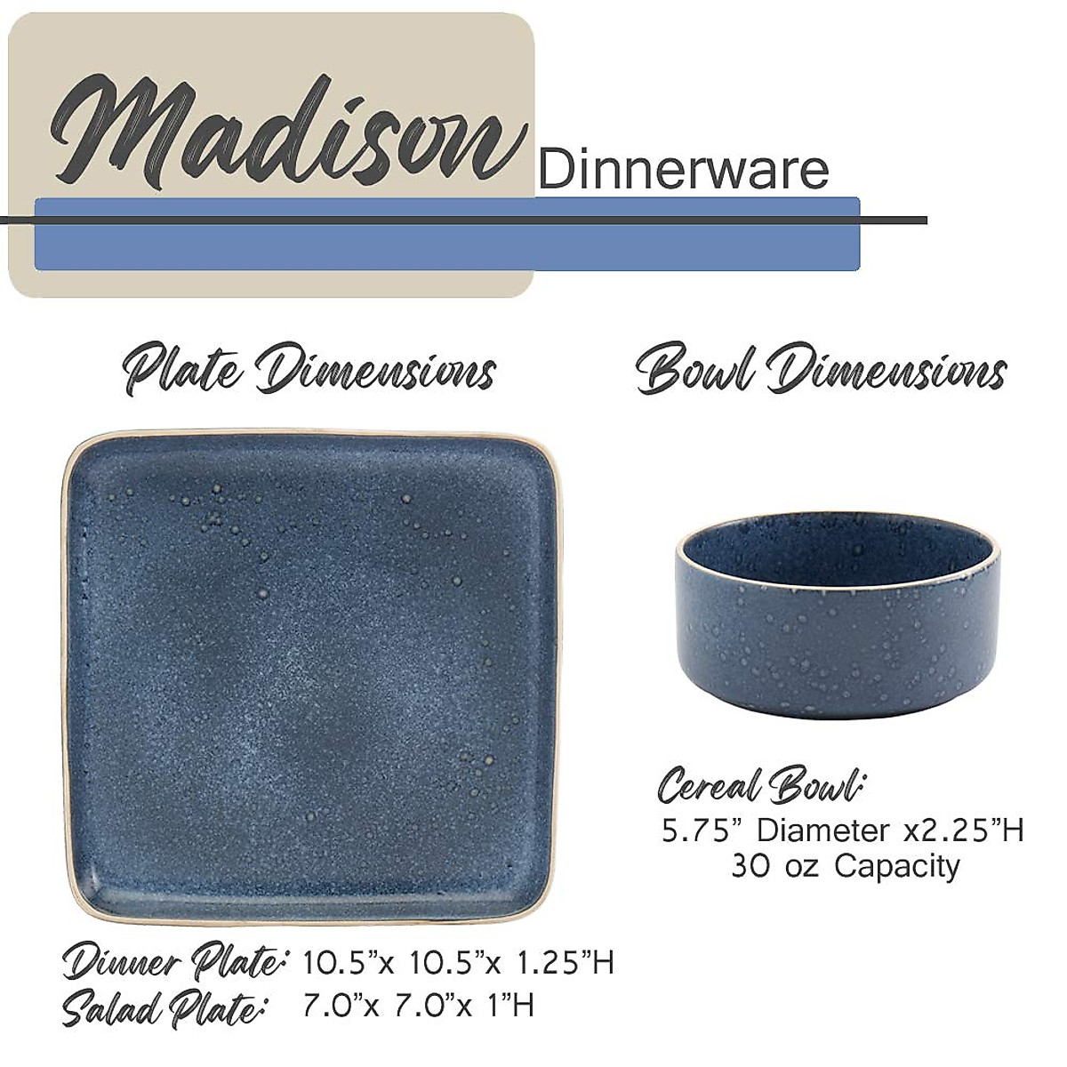 Tabletops Gallery Madison Fashion Dinnerware Collection- Square Contemporary Modern Reactive Glaze Dinner Salad Plate Bowl 4 Place Setting, 12 Piece Madison Dinnerware set in Speckled Blue