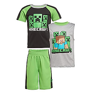 Minecraft Boys Creepers 3 Piece T-Shirt Tank Top Short Set (Black, 5-6)