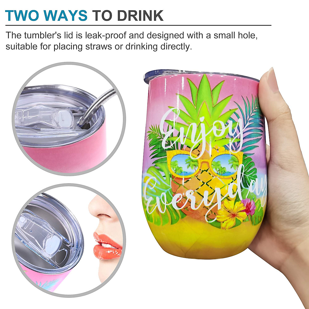 NymphFable 12oz Pineapple Tropical Cup Wine Tumbler with Straw and Lid Insulated Wine Glass Stainless Steel Double Wall