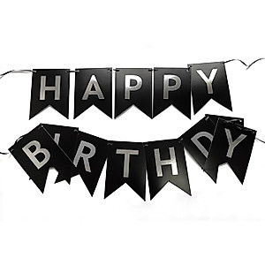 Runhiskii Black Happy Birthday Banner, Durable Happy Birthday Sign with White Silver Letters for Birthday Party Decorations