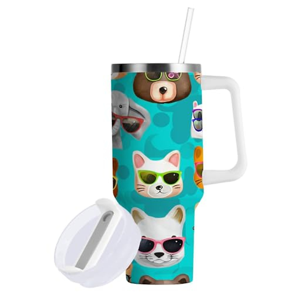 RPLIFE Cute Animals Heads Blue Stainless Steel Tumbler, Insulated Coffee Mug with Lid, Tumblers for Women