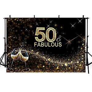 MEHOFOTO Glitter Gold and Black 50 and Fabulous Photo Studio Booth Background Wine Glass Bokeh Shiny Adult Happy 50th Birthday Party Decoration Banner Backdrops for Photography 7x5ft