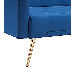Eafurn Comfy Velvet Upholstered Futon Foldable Daybed Bed for Sleep Overs, Convertible Sleeper Loveseat with 2 Pillows, 71" Tufted Sofa & Couches with Golden Metal Legs for Compact Living Space, Blue
