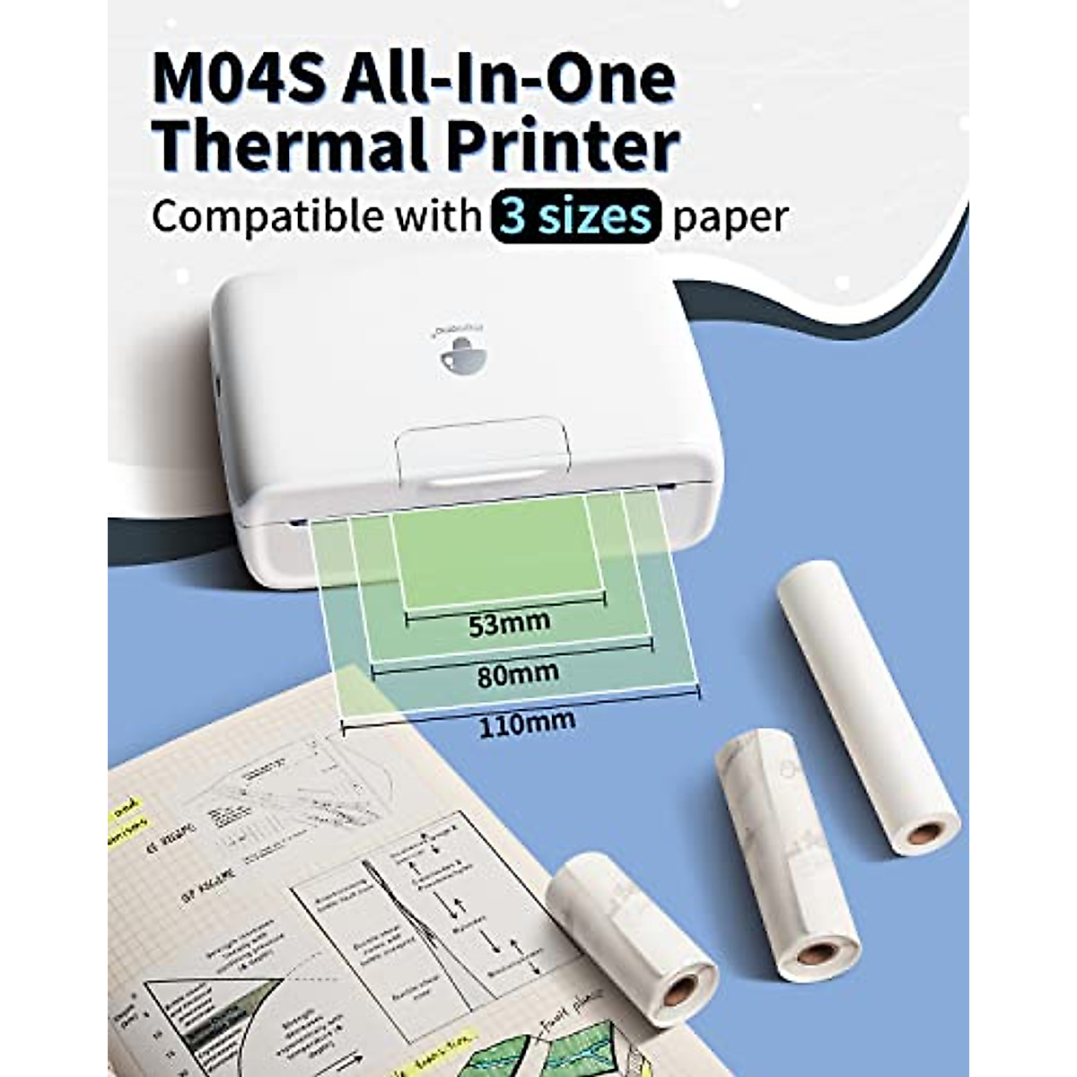 Phomemo M04S Portable Thermal Printer with 110mm White Non-Adhesive Thermal Paper 3 Rolls