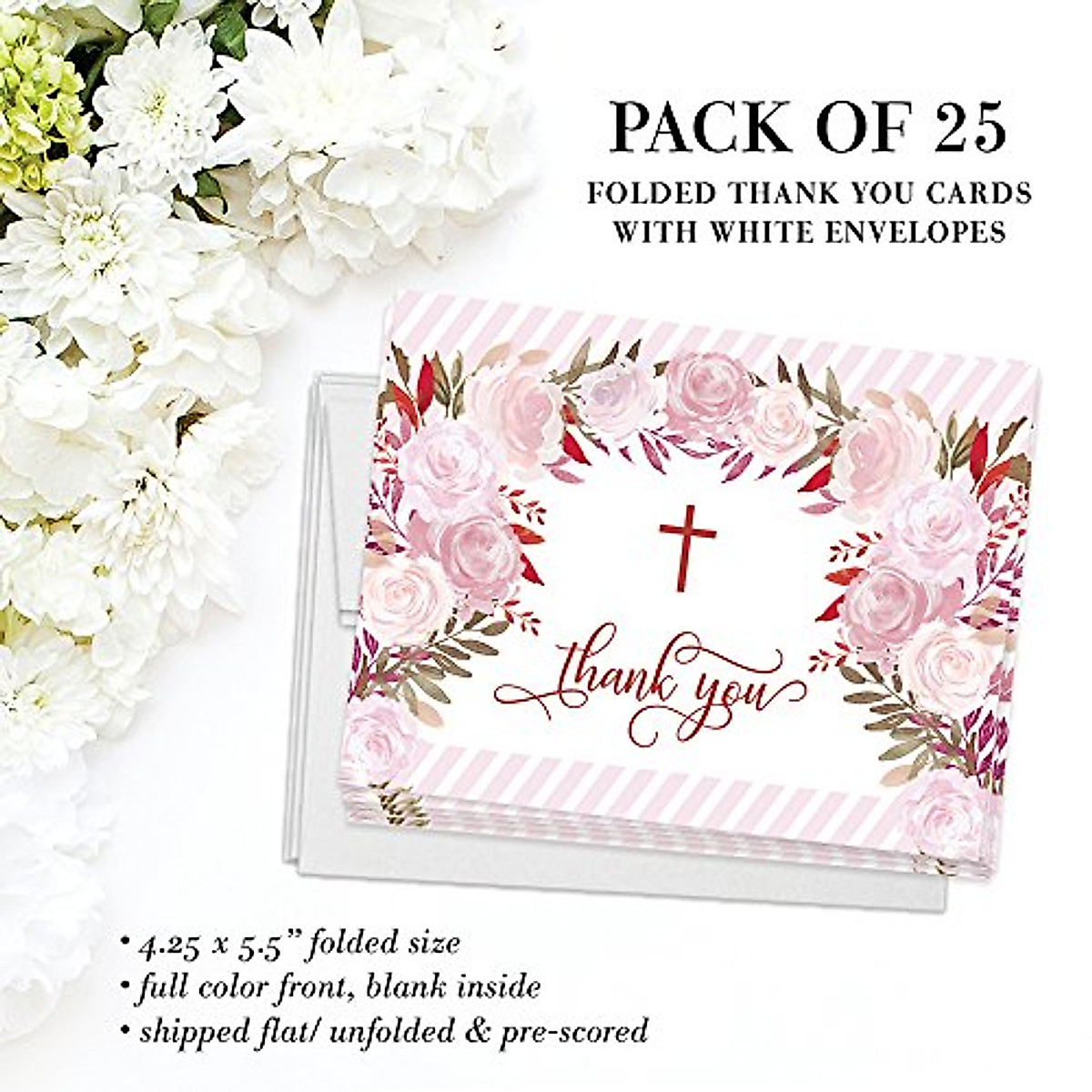DB Party Studio Set Baby Baptism Invitations with Matched Thank You Notes ( 25 of Each ) Envelopes Included, 5 x 7" Lovely Pink Roses Fill-in Invites & Folded Thanks Cards Infant Christening Pair