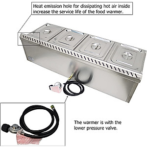INTBUYING LP Gas Food Soup Warmer Propane Gas Stove Bain-Marie Commercial Canteen Buffet Steam Heater Stainless Steel with Gas Regulator Valve 12''x8.7''x4''Pan-4 Pans Single Row